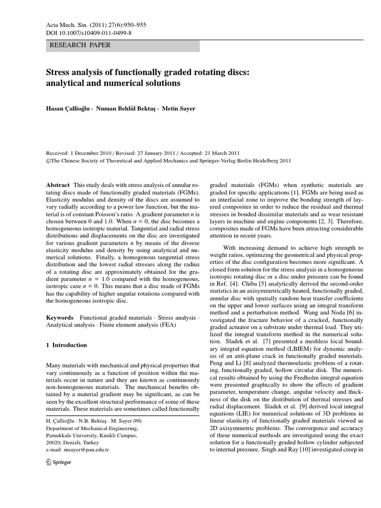 Stress Analysis Of Functionally Graded Rotating Discs Analytical And Numerical Solutions Pdf