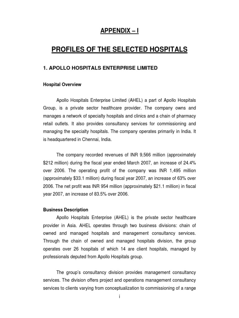 Profiles of The Selected Hospitals: Appendix - I | PDF | Health Care ...