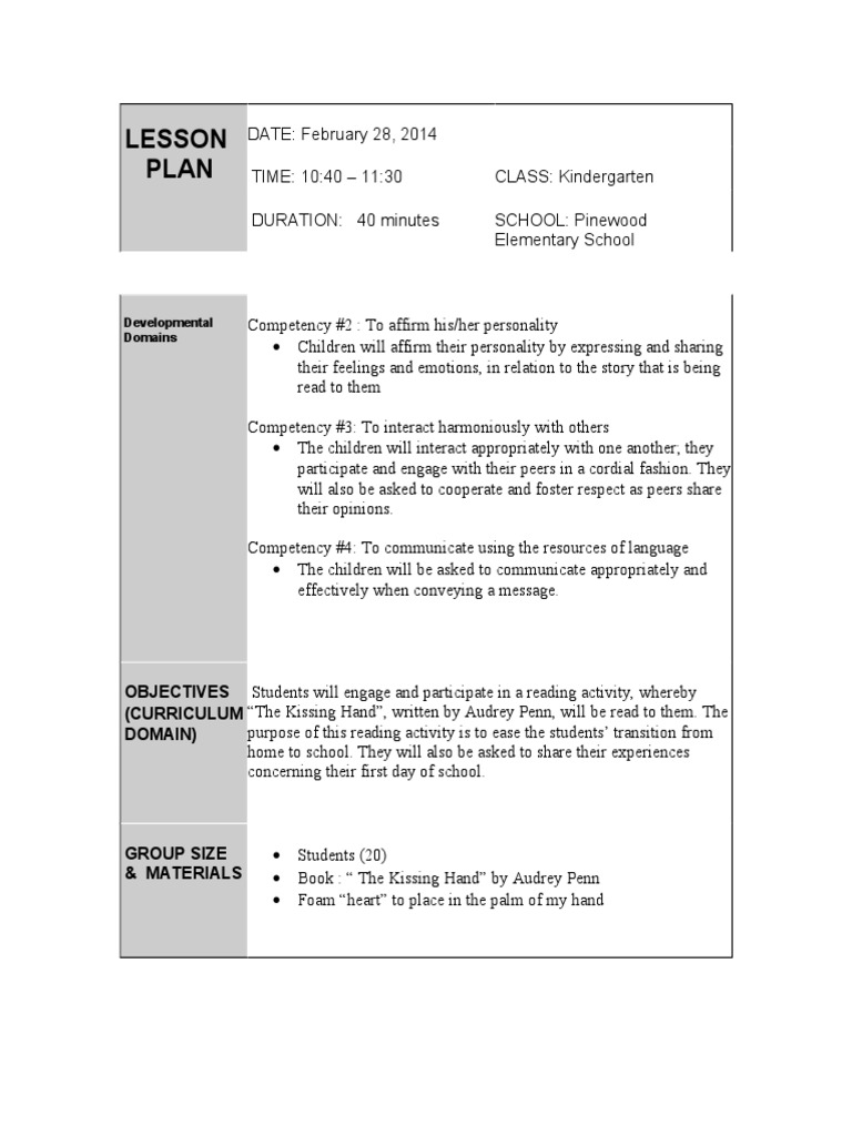 The Kissing Hand - Final Lesson Plan | PDF | Competence (Human ...