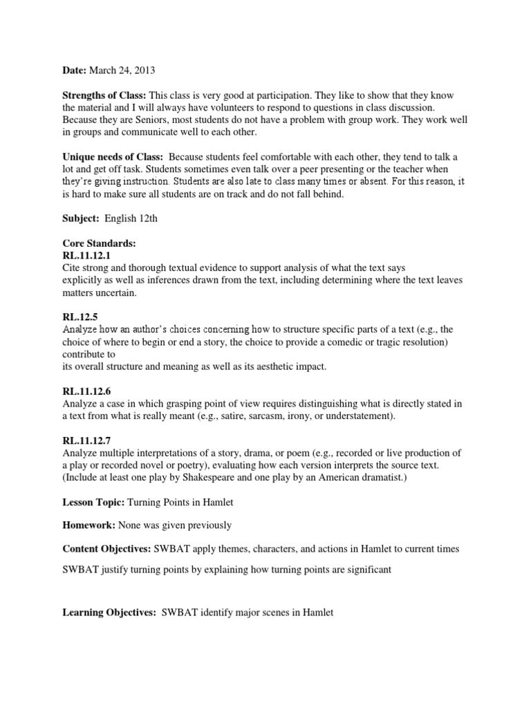 Turning Points in Hamlet Lesson Plan | PDF | Hamlet | Play (Theatre)