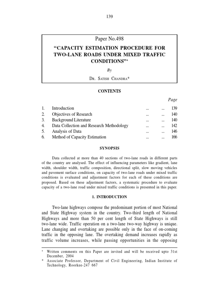 Capacity Estimation Procedure For Two-Lane Roads Under Mixed Traffic Conditions | PDF | Lane ...