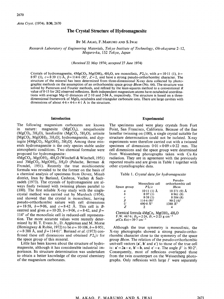 Hydromagnesite Crystal Structure | PDF | X Ray Crystallography | Magnesium
