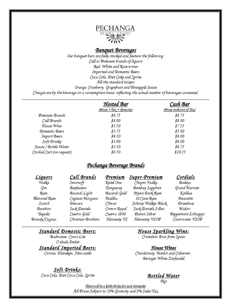 Banquet Beverages: Liquors Call Brands Premium Super-Premium Cordials | PDF