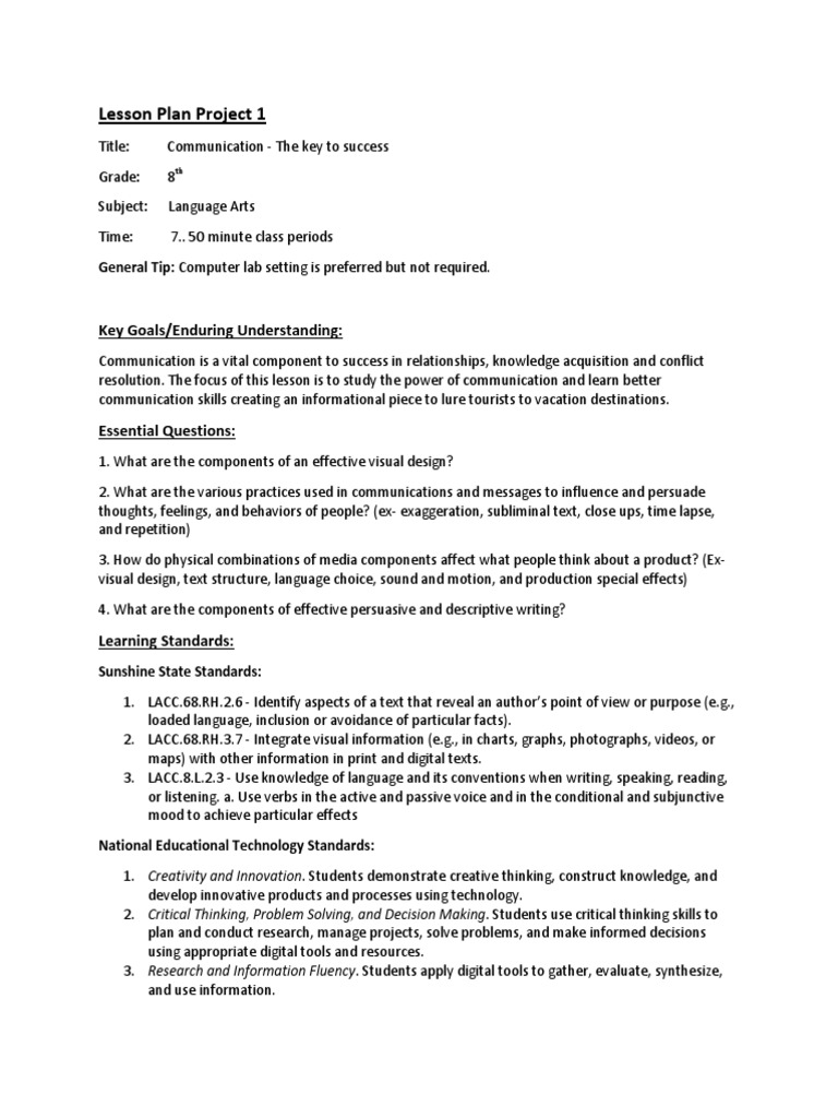 Lesson Plan Project 1 Technology | PDF | Lesson Plan | Communication