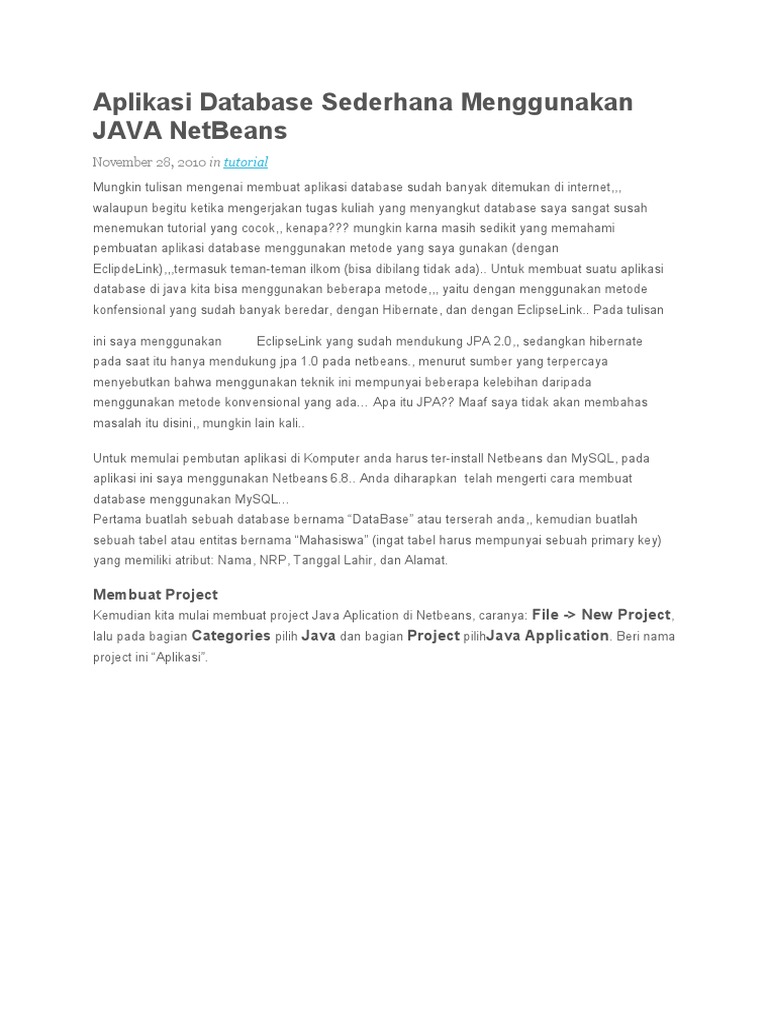 Aplikasi Database Sederhana Menggunakan JAVA NetBeans | PDF
