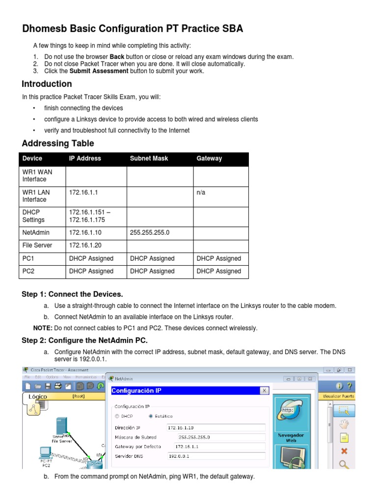 Dhomesb Basic Configuration PT Practice SBA2014 | PDF | Ip Address | Gateway (Telecommunications)