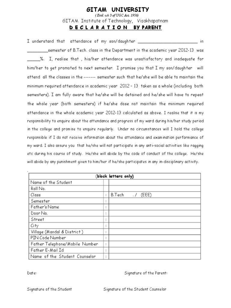 Parent Declaration for Attendance | PDF