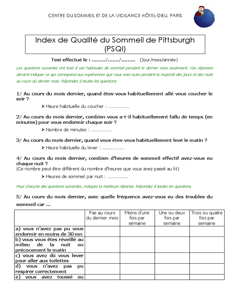 Questionnaire PSQI : Évaluation du Sommeil | PDF | Spécialités ...