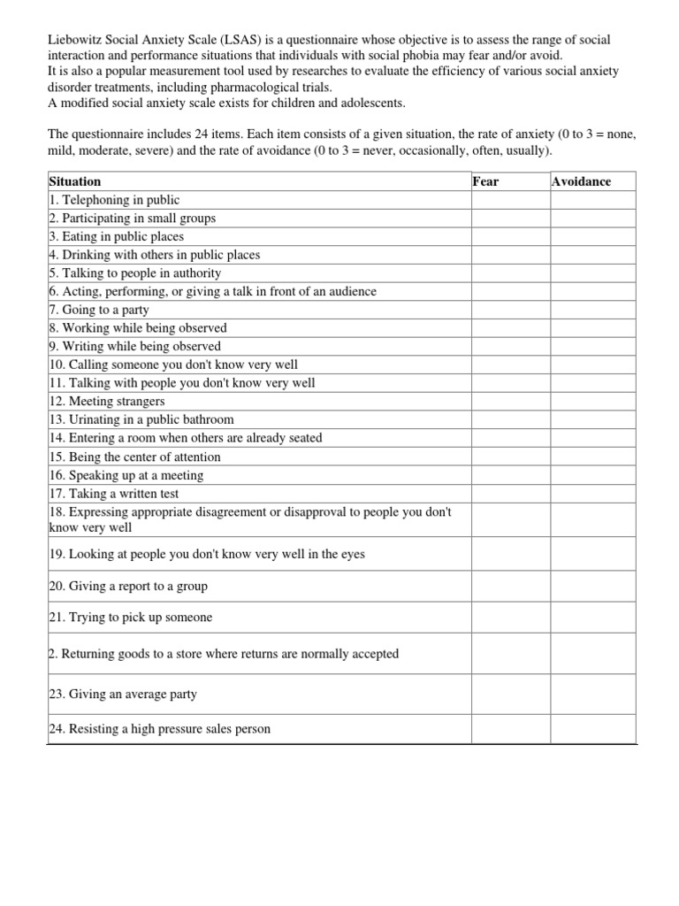 Liebowitz Social Anxiety Scale | Applied Psychology | Psychiatry