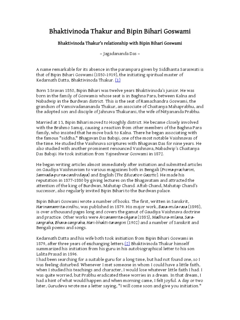 Jagadananda Das - Bhaktivinoda Thakur and Bipin Bihari Goswami | PDF | Vaishnavism | Theistic ...