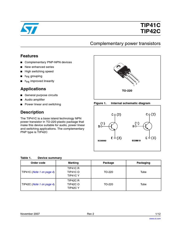 Tip41c - Tip42c | PDF | Bipolar Junction Transistor | Electrical Components