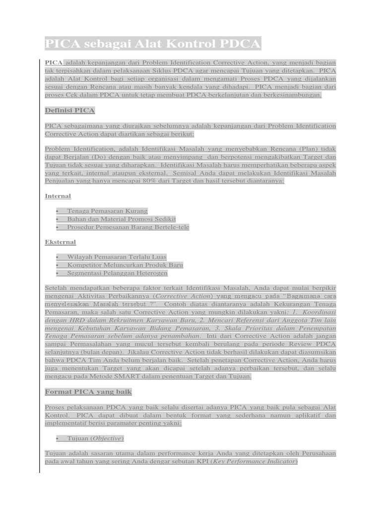 PICA Sebagai Alat Kontrol PDCA | PDF