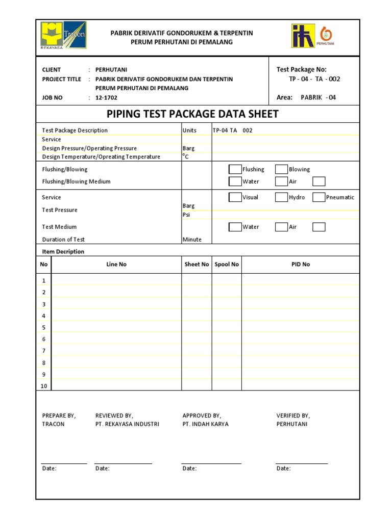 5 Form Test Piping Package Data Sheet