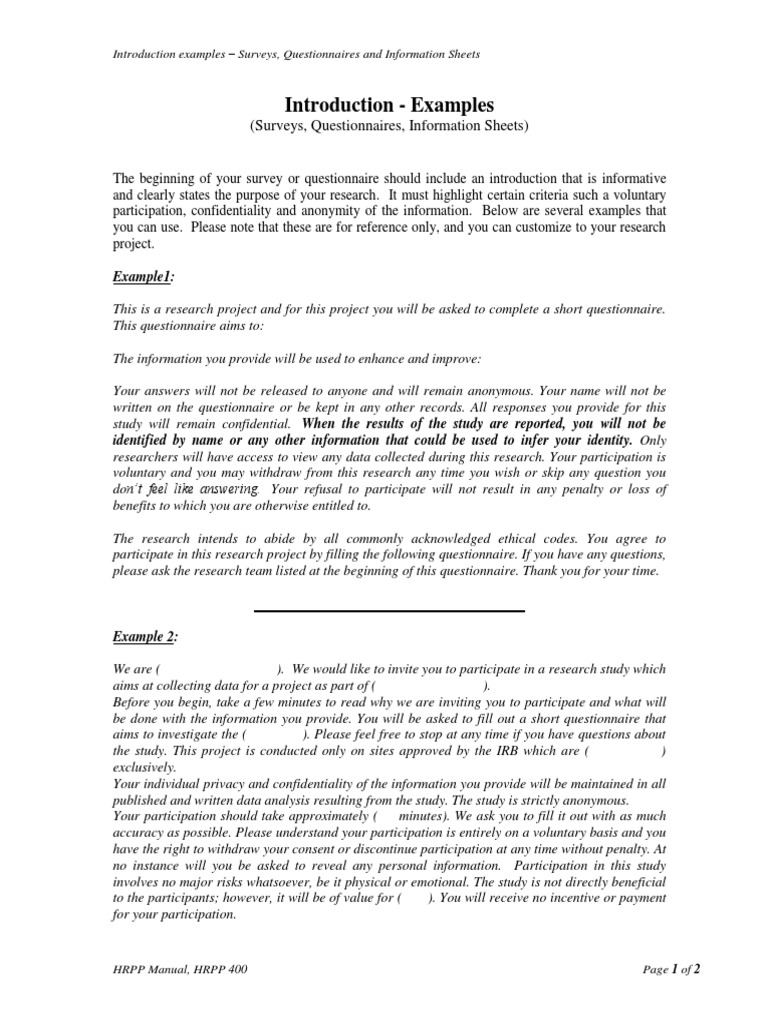 Questionnaire Examples For Research