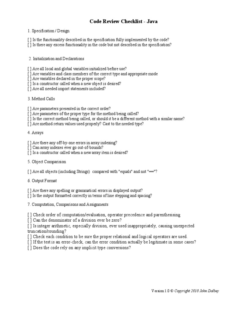 Code Review Checklist Java | PDF | Array Data Type | Constructor (Object Oriented Programming)