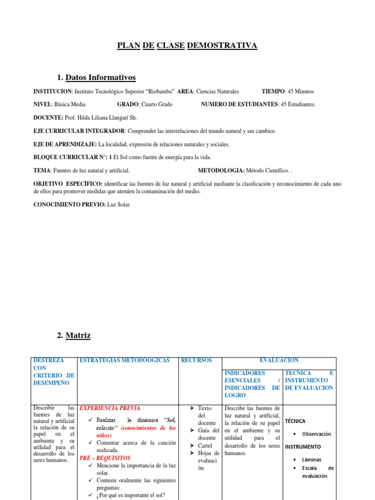 Plan de Clase Demostrativa Loly Llangari | PDF | Maestros | Dom