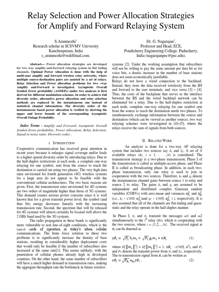Relay Selection and Power Allocation Strategies For Amplify and Forward Relaying System | PDF ...