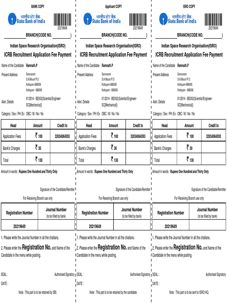 Ramnath P's Payment Receipt for ISRO Recruitment Application Fee | PDF | Signature | Fee