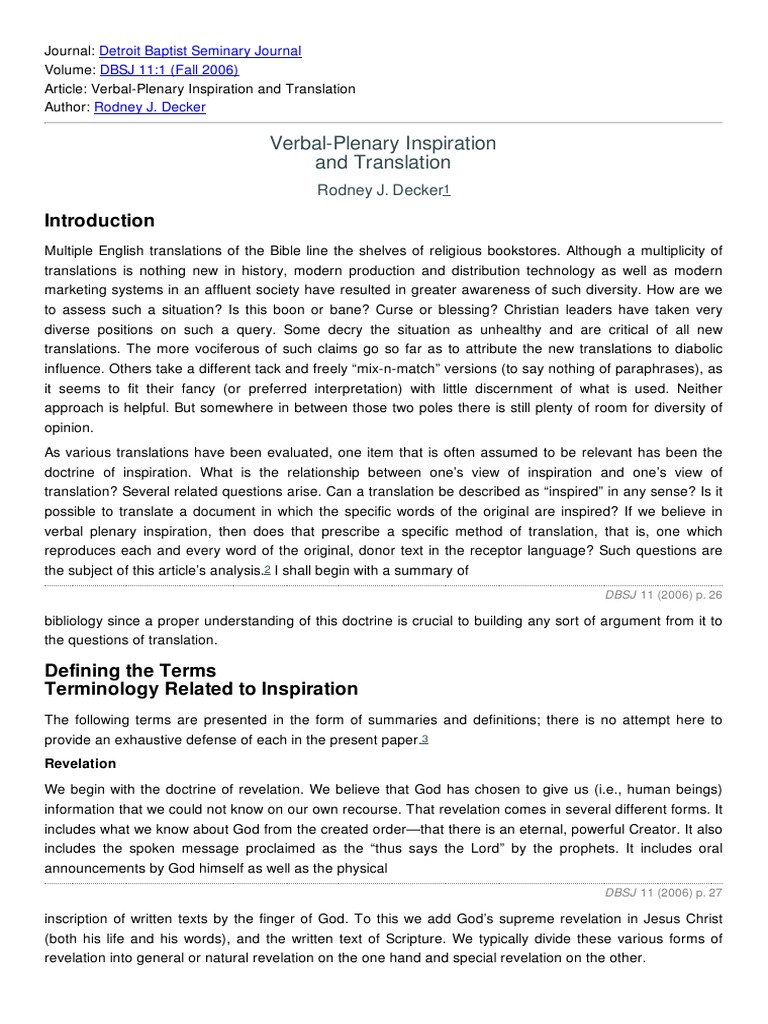 Verbal-Plenary Inspiration and Translation - by - Rodney J. Decker ...