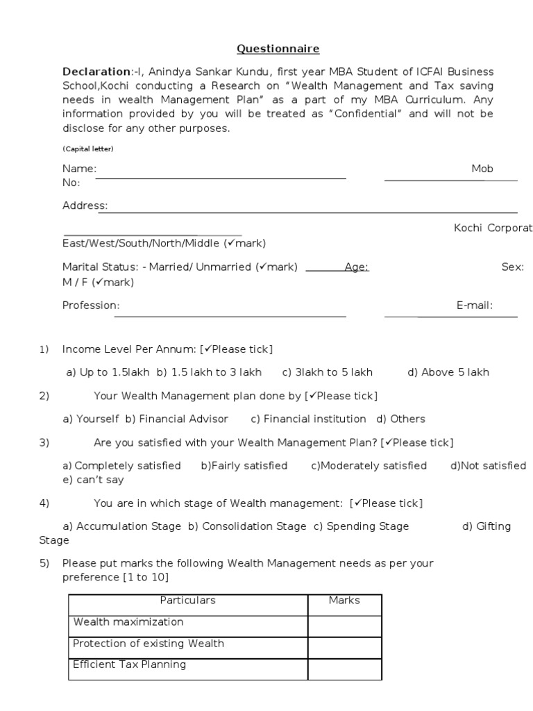 Questionaire | PDF | Wealth Management | Wealth