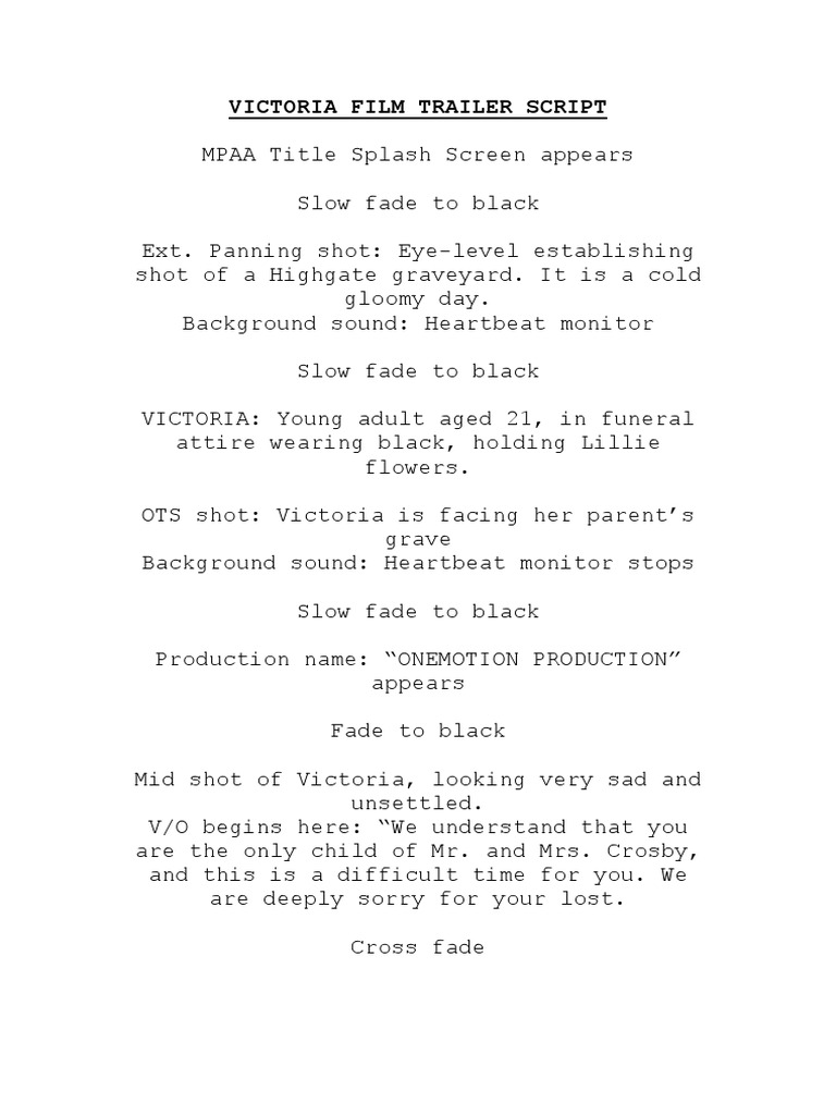 Victoria Film Trailer Script