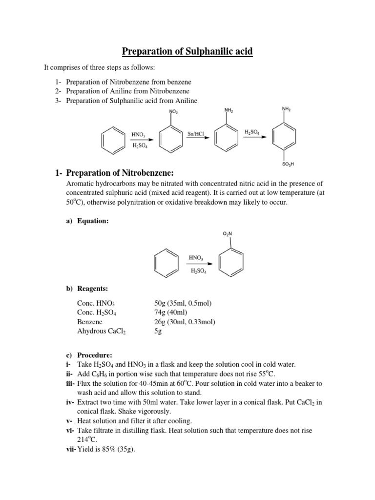 Sulphanilic Acid Preparation Guide | PDF | Nitric Acid | Sodium Hydroxide