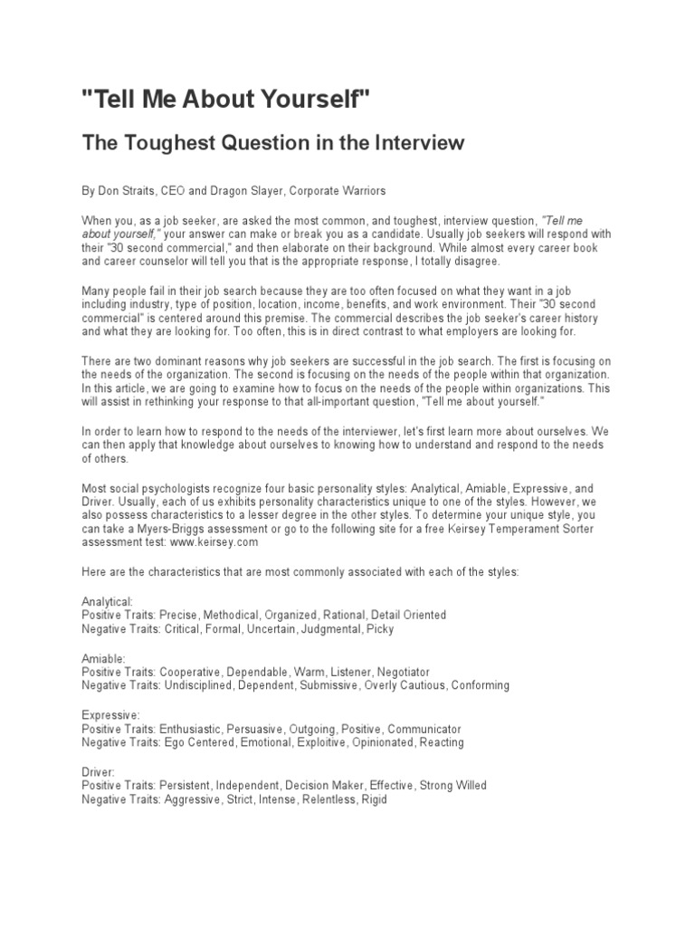 Tell Me About Yourself - Interview Answer Samples | PDF