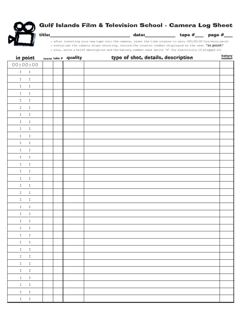 camera log sheet | Photography Equipment | Manufactured Goods