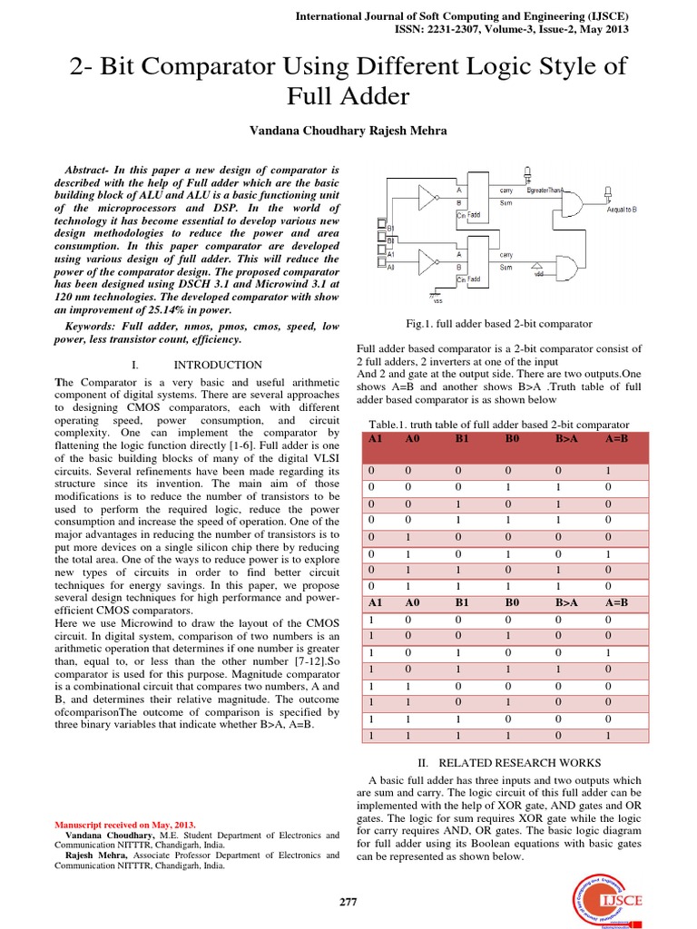 Bit Comparator Using Different Logic Style of Full Adder | PDF | Logic ...