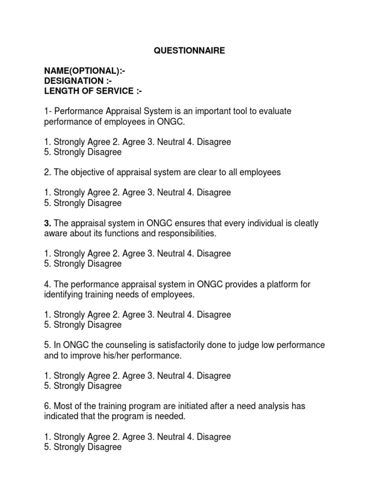 Questionnaire | PDF | Performance Appraisal | Systems Psychology