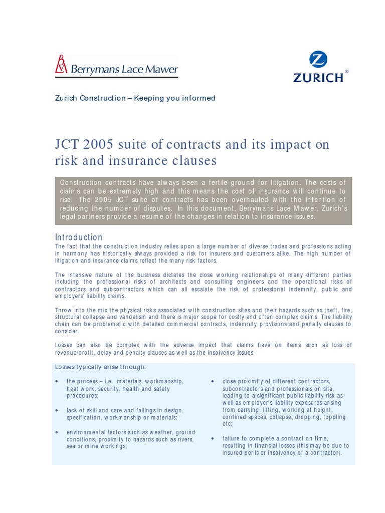 JCT 2005 Contracts: Risk & Insurance Insights | PDF | Insurance | Indemnity