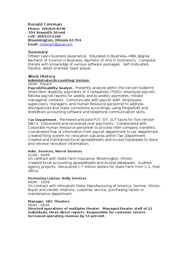 Ron Coleman's Resume | PDF | Payroll | Employment