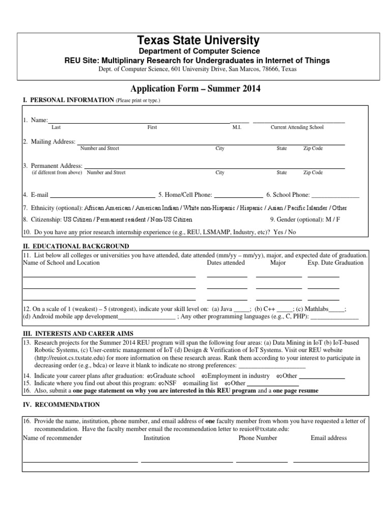 Texas State University: Application Form - Summer 2014 | PDF | Race And ...