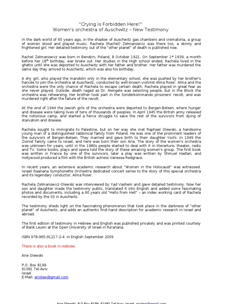 "Crying Is Forbidden Here". Women's Orchestra of Auschwitz - New ...