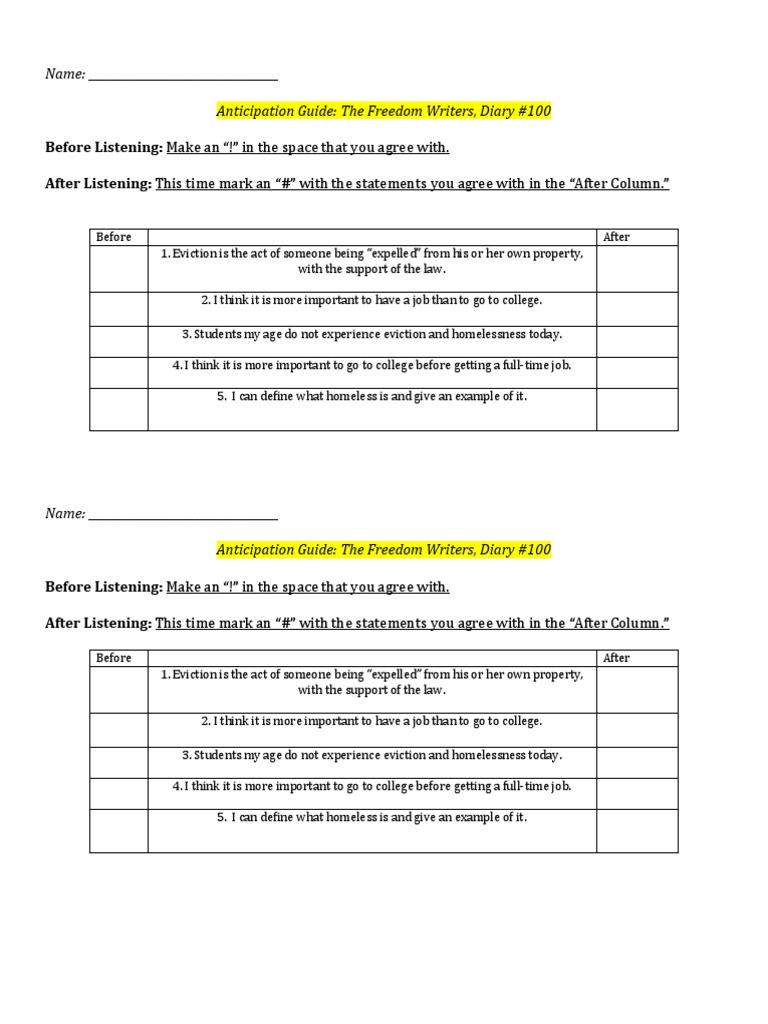 Name: - Anticipation Guide: The Freedom Writers, Diary #100 | PDF
