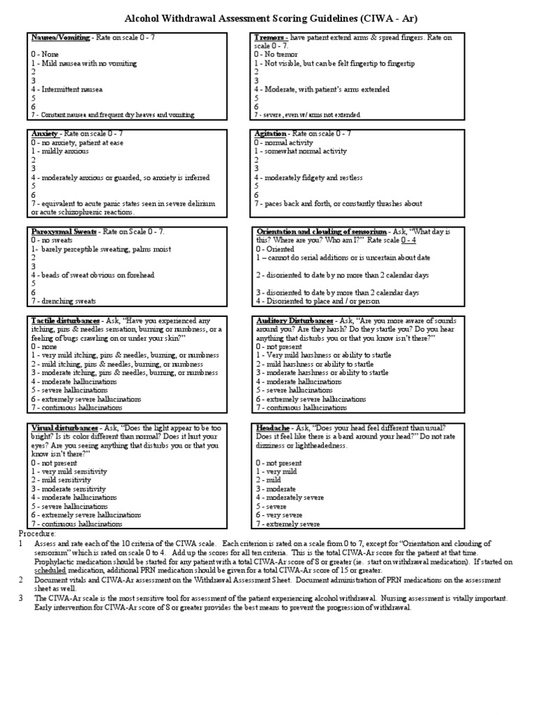 CIWA-Ar Alcohol Withdrawal Guidelines | PDF | Hallucination | Nausea