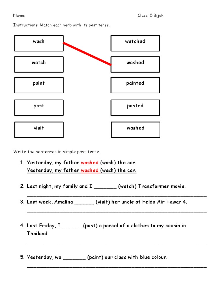 Washed Washed: Name: Class: 5 Bijak Instructions: Match Each Verb With ...