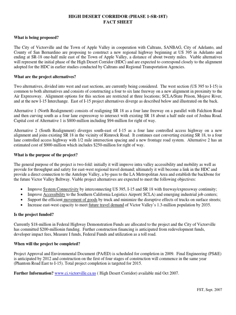High Desert Corridor Fact Sheet | PDF | Controlled Access Highway | Road