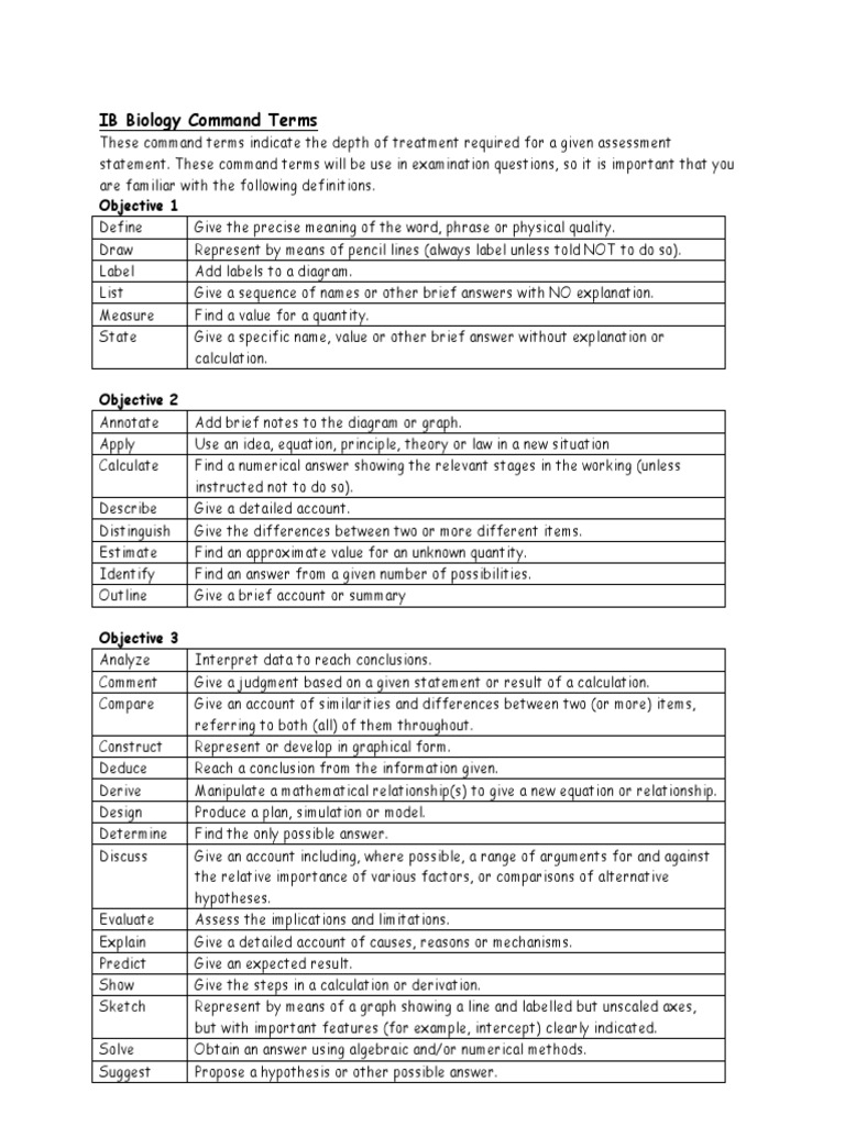IB Biology Command Terms: Objective 1 | PDF