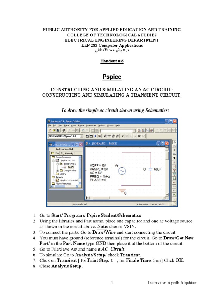 Pspice: Constructing and Simulating An Ac Circuit: Constructing and Simulating A Transient ...