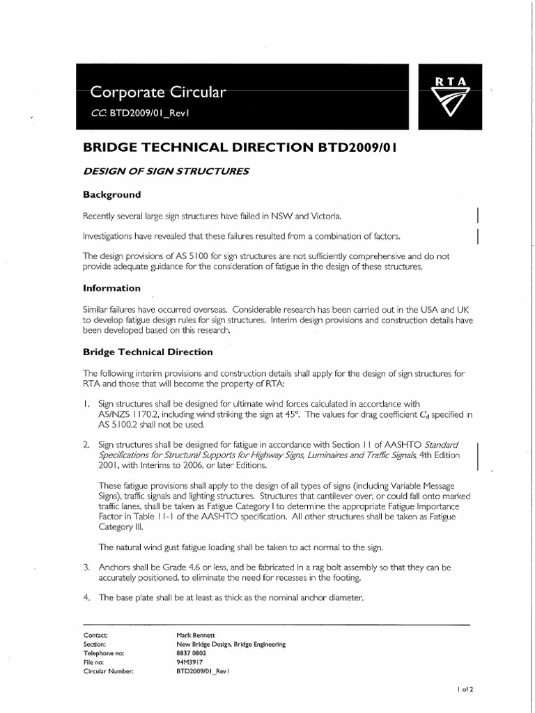 RTA Bridge Technical Direction BTD2009 - Design of Sign Structures ...