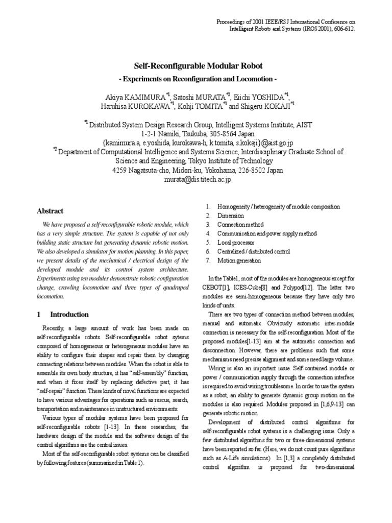Self Reconfigurable Modular Robot Experiments On Reconfiguration And Locomotion Pdf