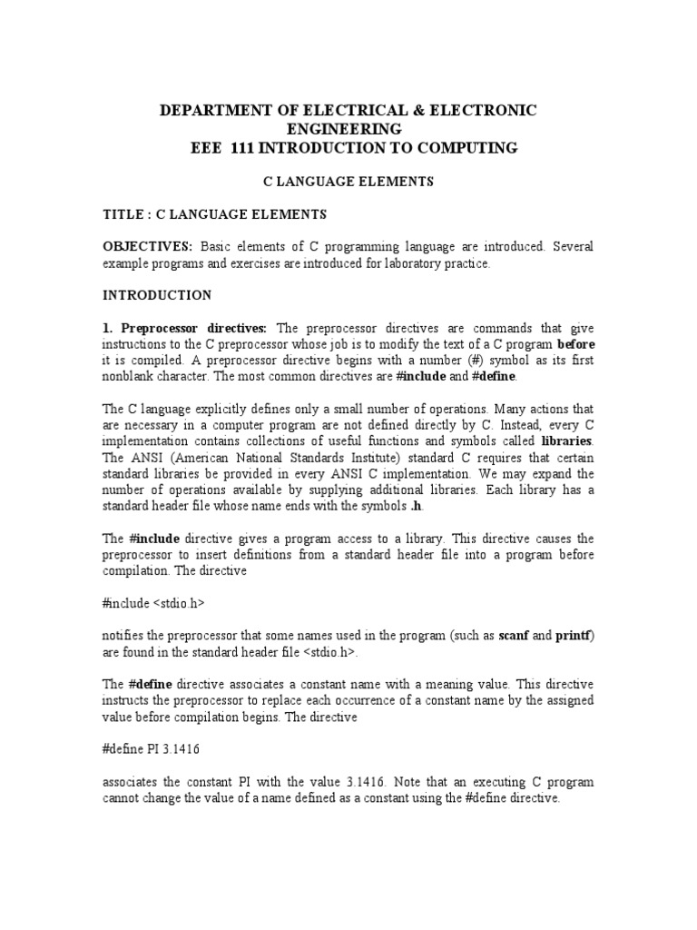 Department of Electrical & Electronic Engineering Eee 111 Introduction To Computing | PDF | C ...