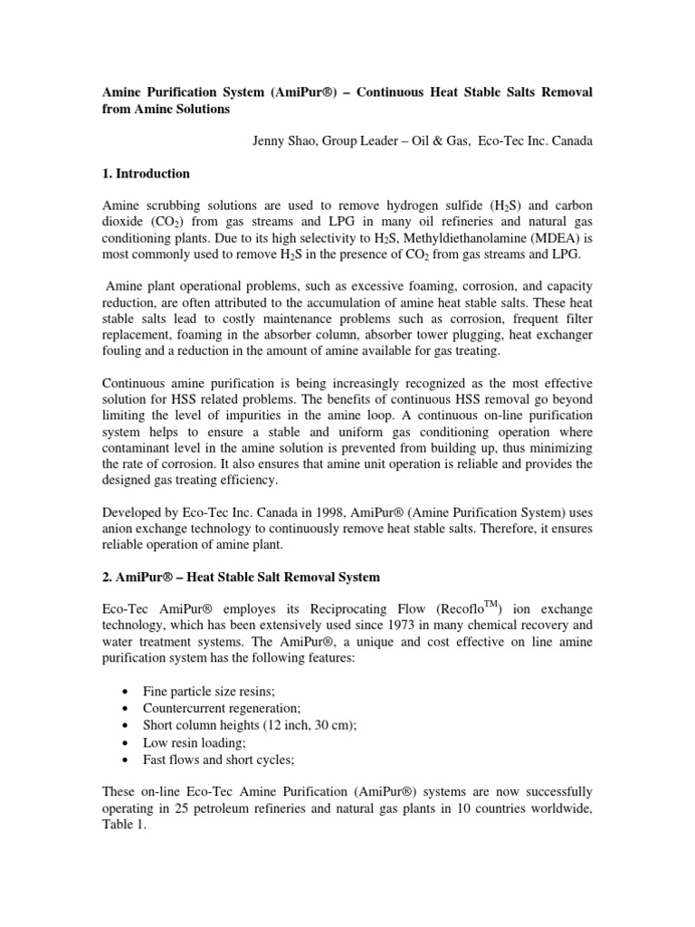 Continuous Heat Stable Salts Removal From Amine Solutions | PDF | Water ...