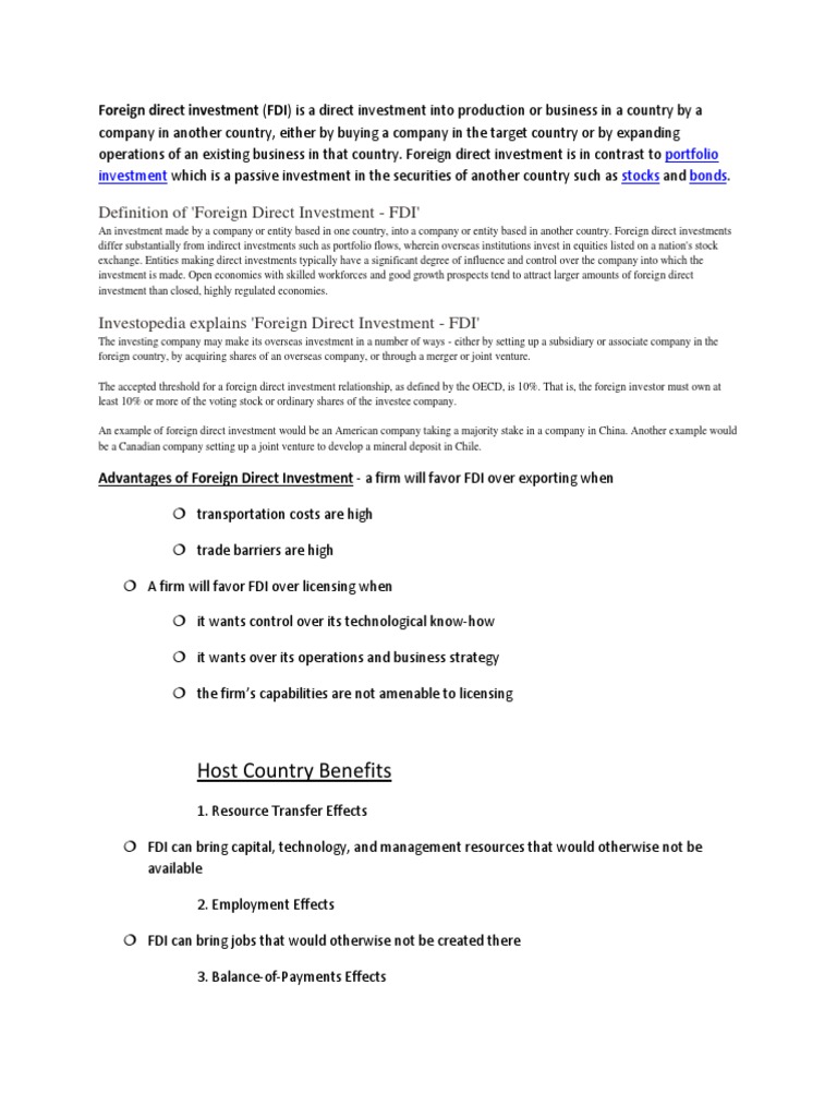 Definition of 'Foreign Direct Investment - FDI': Host Country Benefits ...