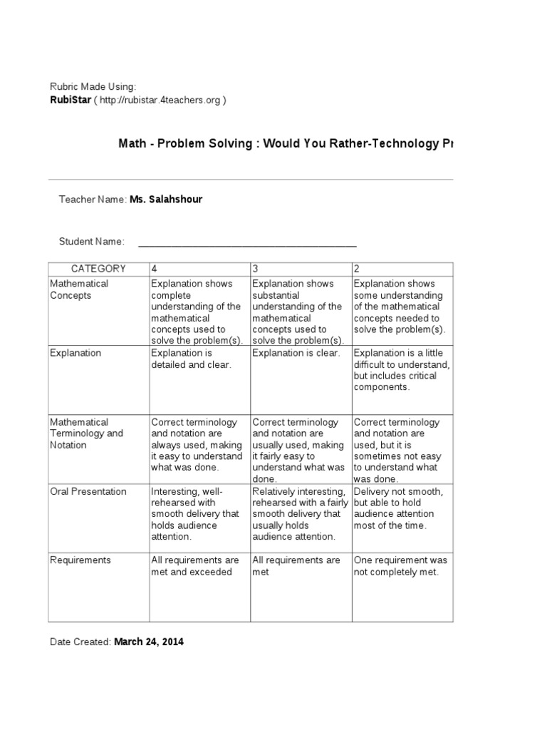 Math Problem Solving Rubric Guide | PDF | Teaching Methods & Materials | Art