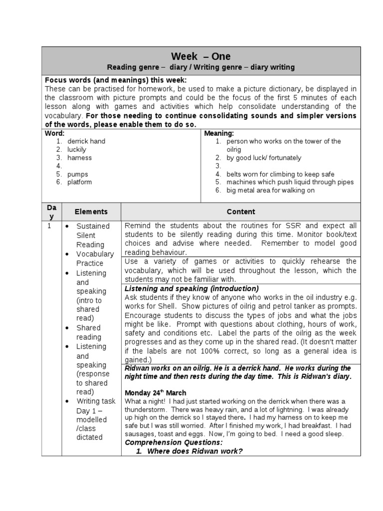 Week - One: Reading Genre - Diary / Writing Genre - Diary Writing Focus ...