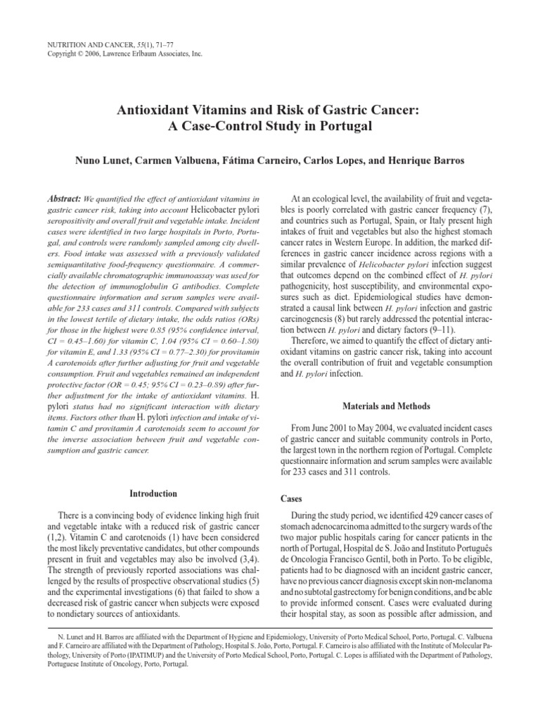 Antioxidant Vitamins and Risk of Gastric Cancer - A Case-Control Study in Portugal | PDF ...