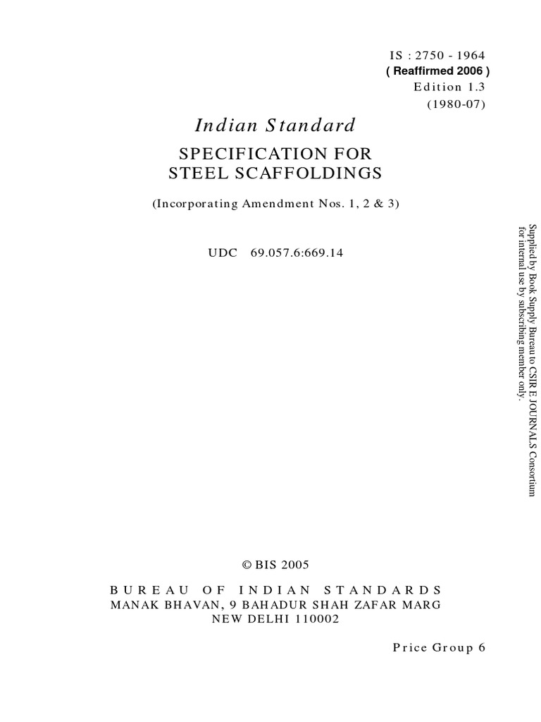 Indian Standard: Specification For Steel Scaffoldings | PDF ...