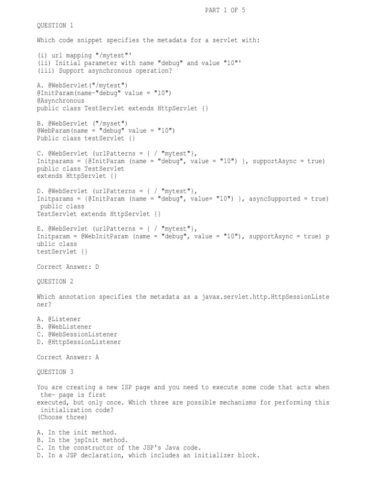 Part 1 of 5 Questions on Servlets, JSPs and Security | PDF | Java Servlet | Java Server Pages